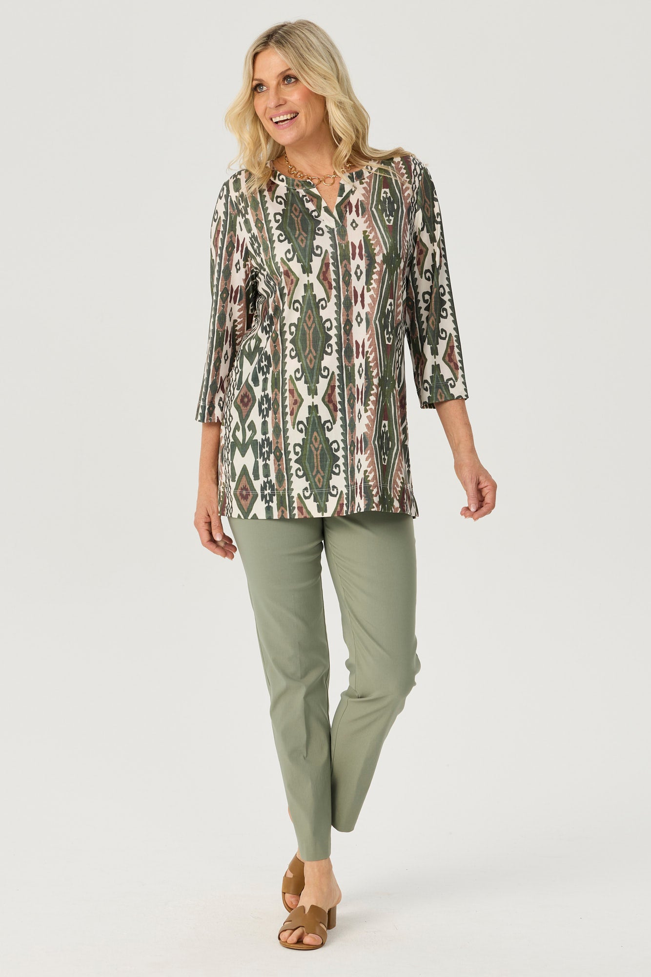 Shop Peru Print Longer Tunic Top in Olive Mix – Fella Hamilton