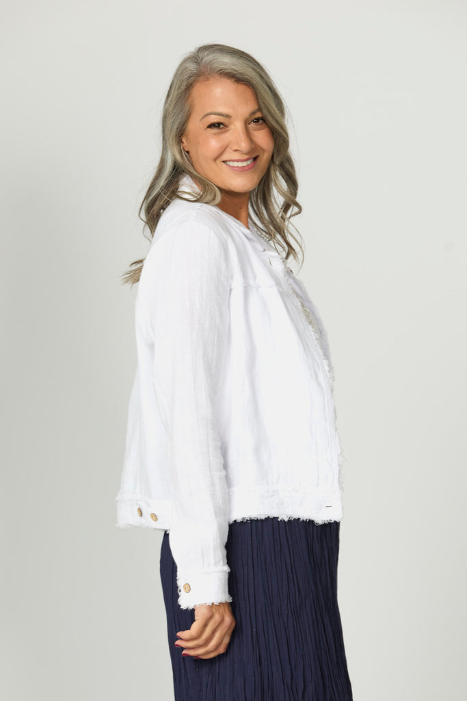 Shop Ari Frayed Linen Jacket in White – Fella Hamilton
