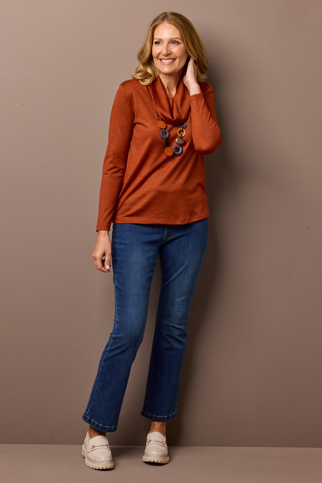 Shop Hedrena Cowl Neck Long Sleeve Top in Russet – Fella Hamilton