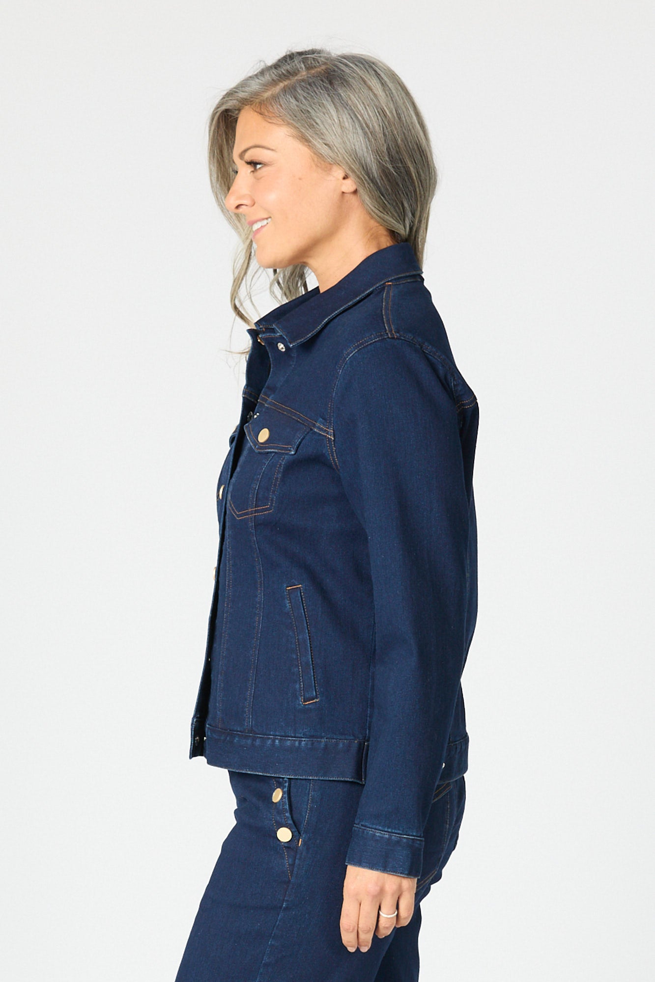 Shop Sabrina Stretch Denim Jacket in Dark Denim – Fella Hamilton