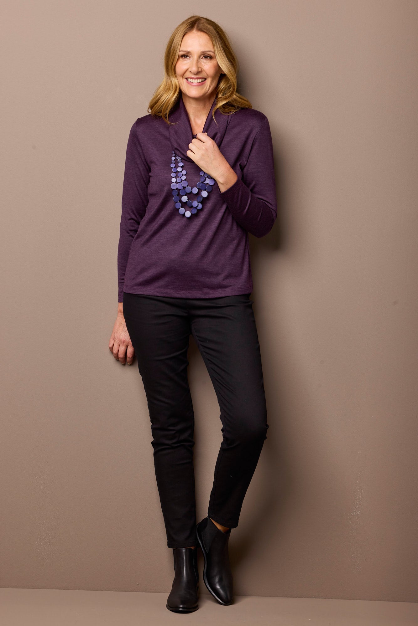 Shop Hedrena Cowl Neck Long Sleeve Top in Raisin – Fella Hamilton