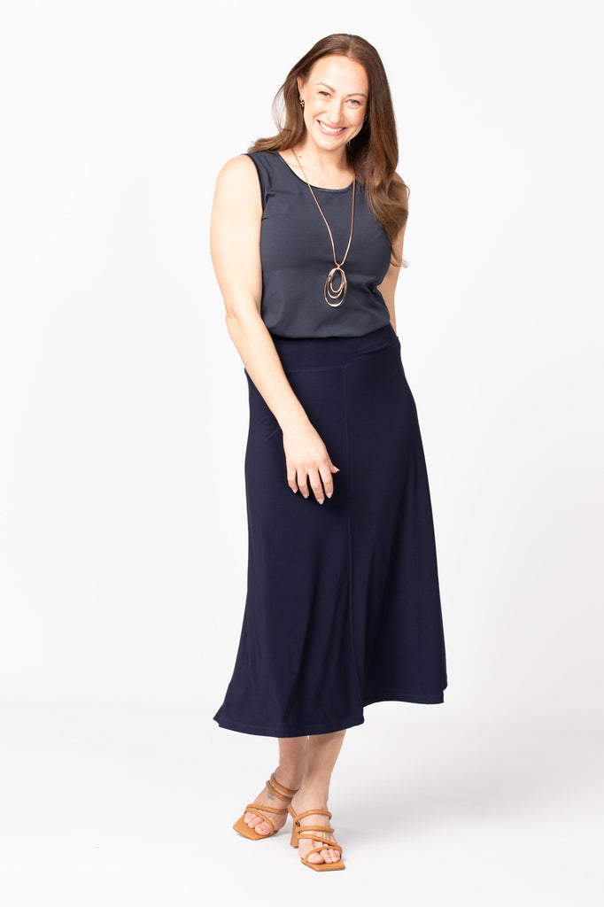 Shop Hush Flared Midi Skirt in Navy – Fella Hamilton