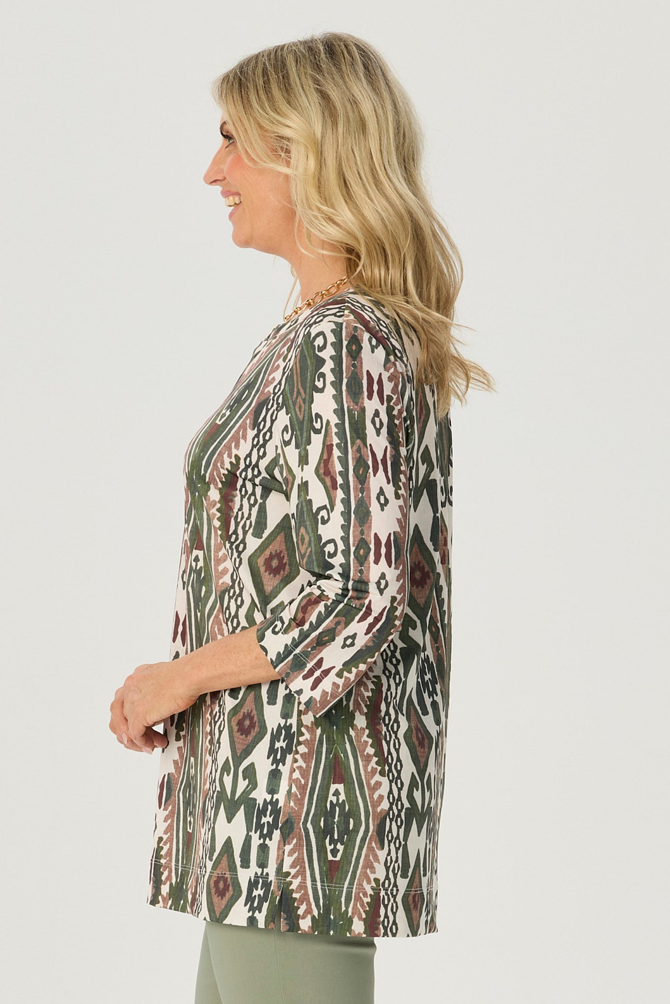 Shop Peru Print Longer Tunic Top in Olive Mix – Fella Hamilton