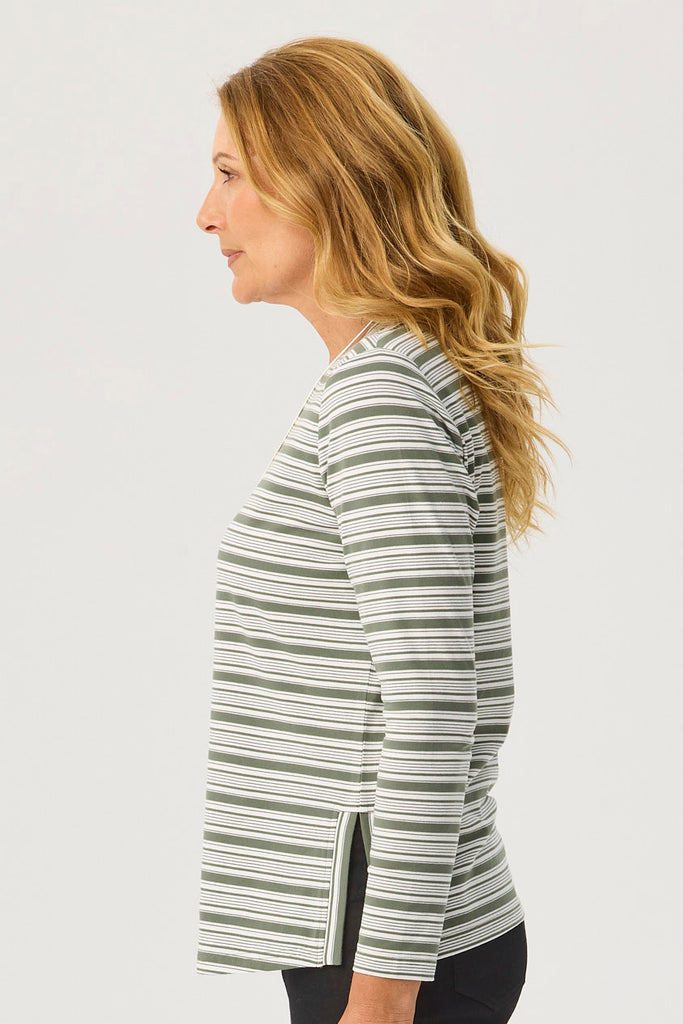 Shop Kit Stripe Long Sleeve Top in Khaki/Ivory – Fella Hamilton