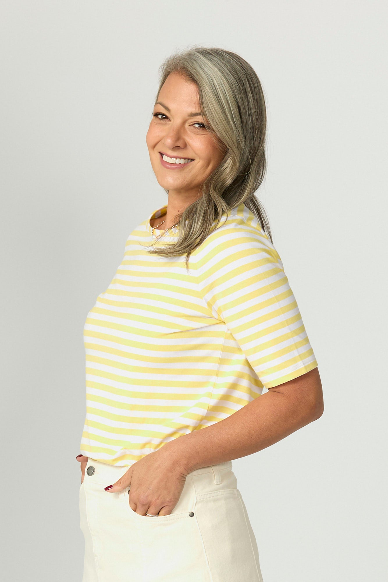 Shop Lido Stripe Elbow Sleeve Tee in Yellow – Fella Hamilton